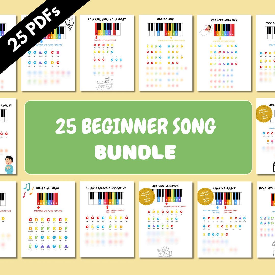 25 Beginner Song Bundle | Color Coded Song Pack Sheet Music Using ...