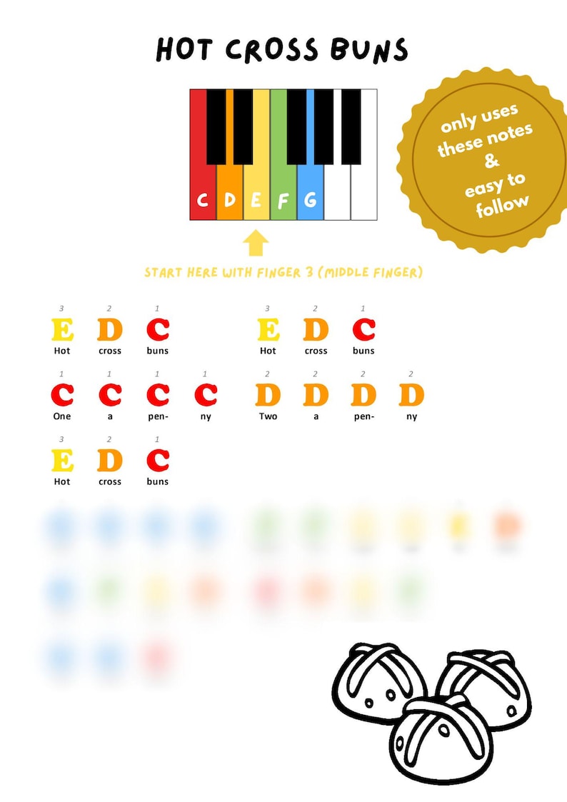 Hot Cross Buns: Color Coded Piano Sheet Music (digital Download) - Etsy