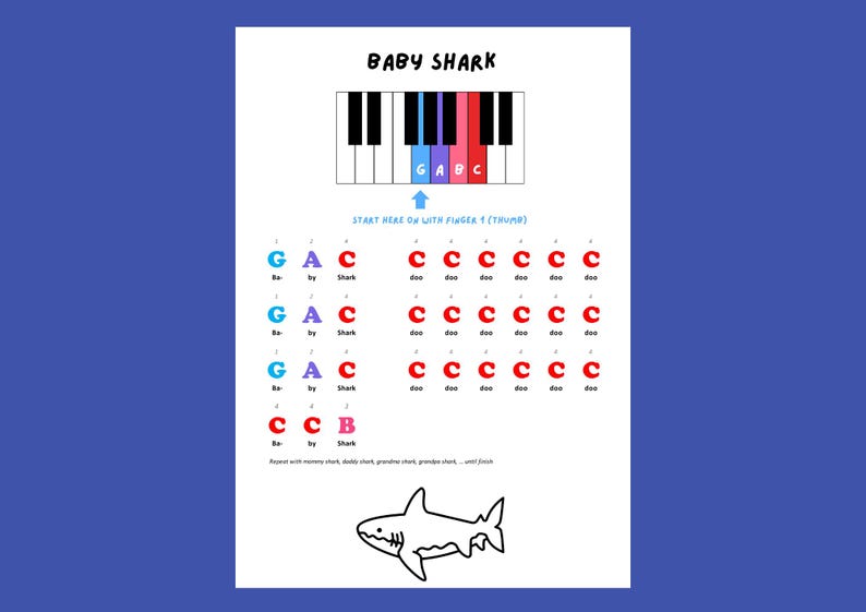 Baby Shark - Beginner/kids Friendly Sheet Music With Letters - Etsy UK