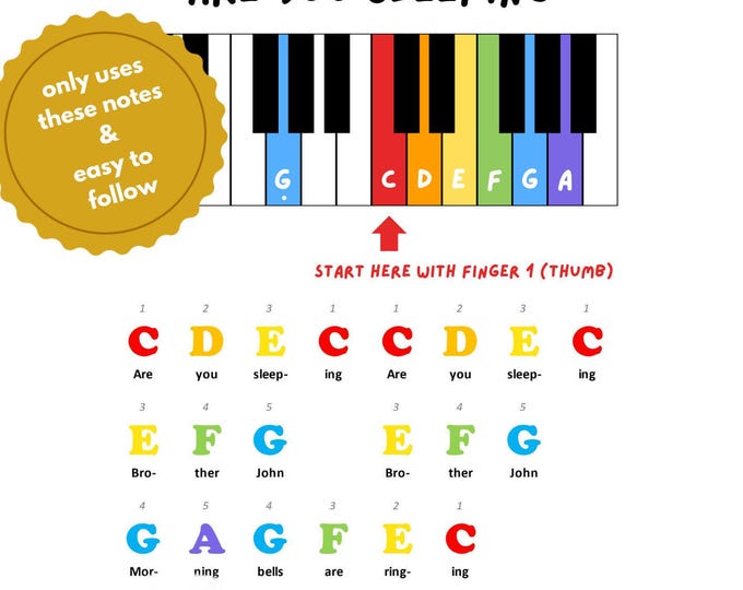 Frère Jacques Color Coded Piano Sheet Music: Beginner Kids (digital ...