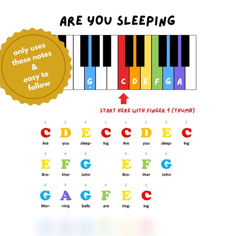 Frère Jacques Color Coded Piano Sheet Music: Beginner Kids (digital ...