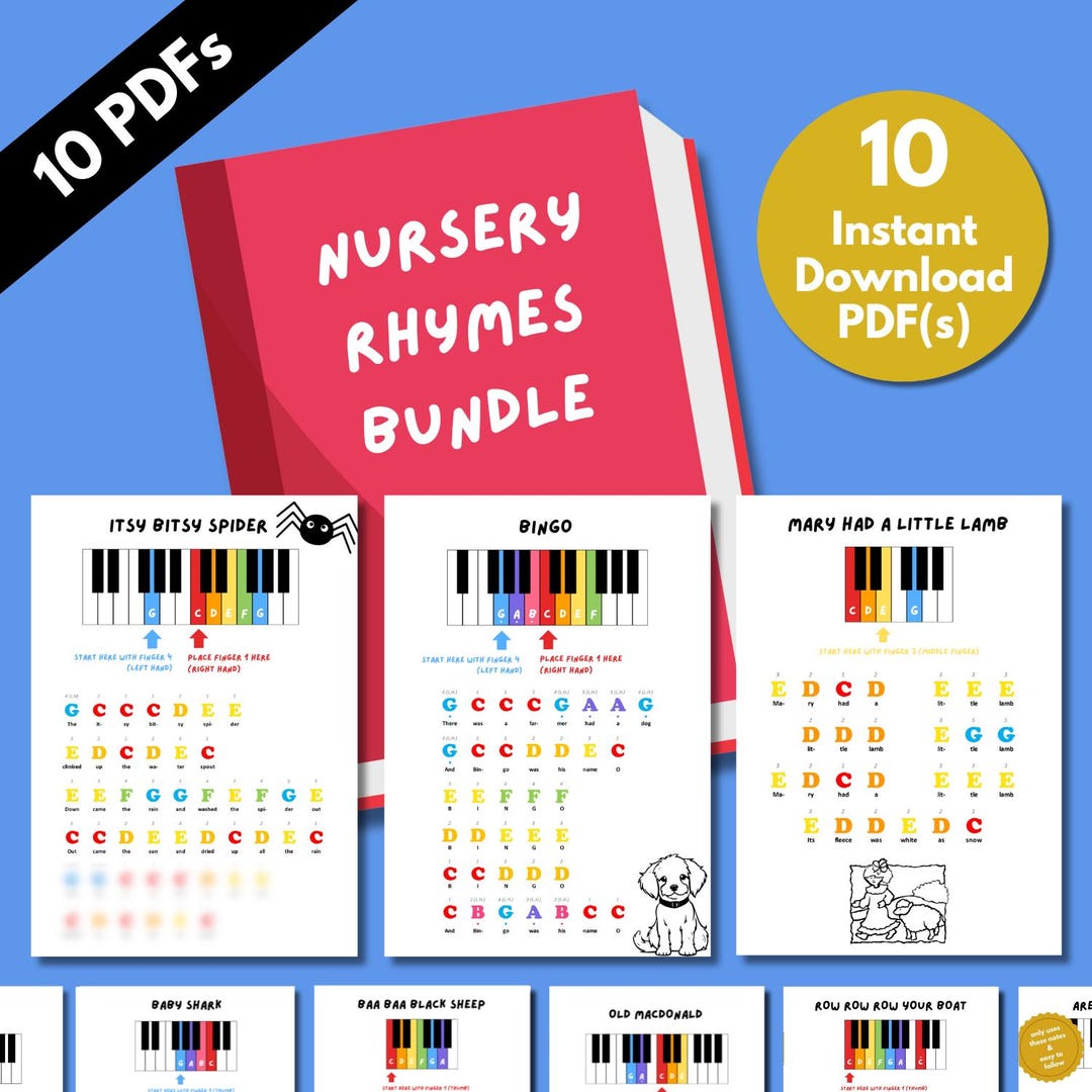 10 Nursery Rhymes Bundle: Color Coded Sheet Music (digital Download PDF ...