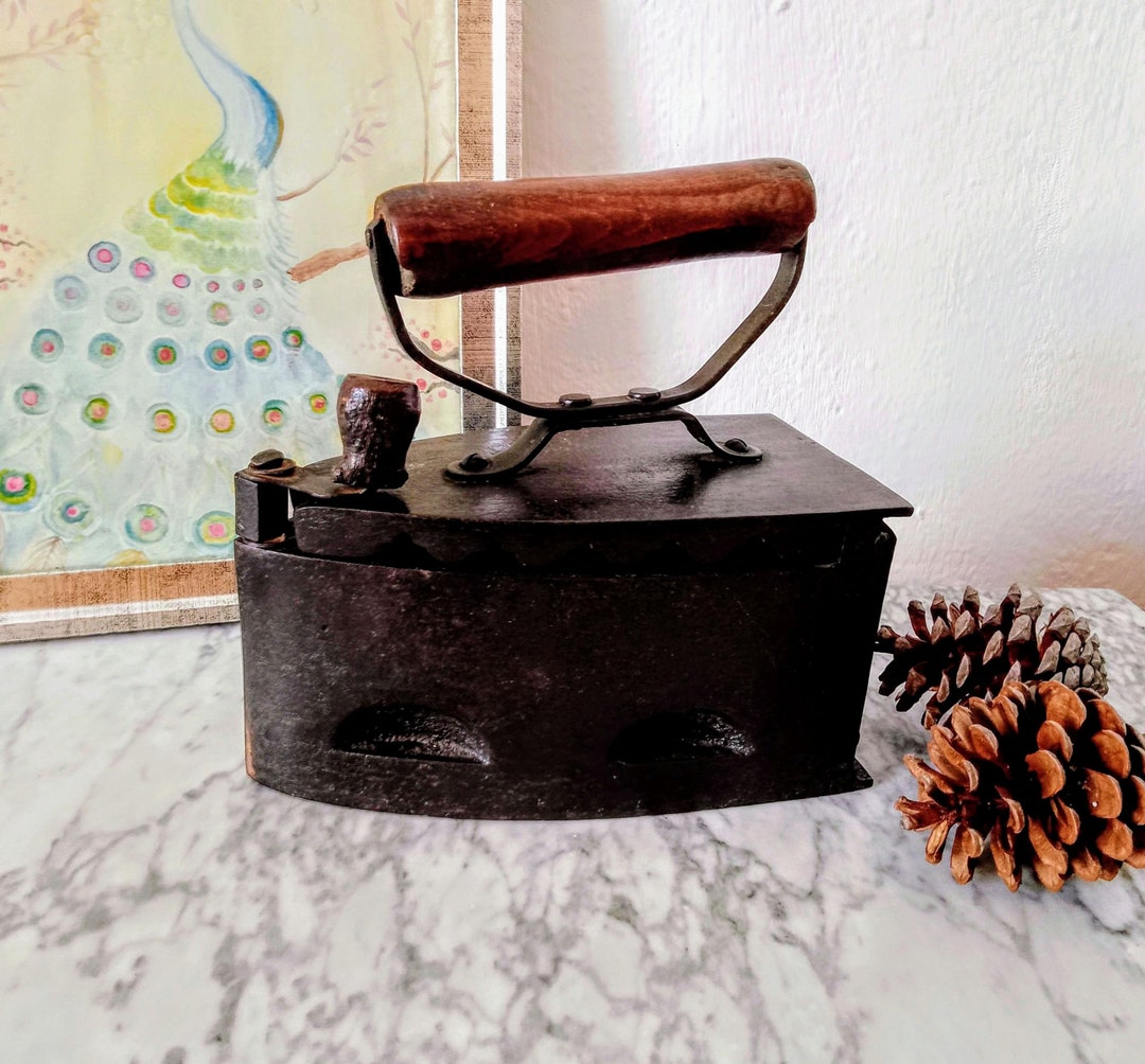 Antique Coal Iron With Wooden Handle, Heavy Iron, Metal Vintage Iron ...
