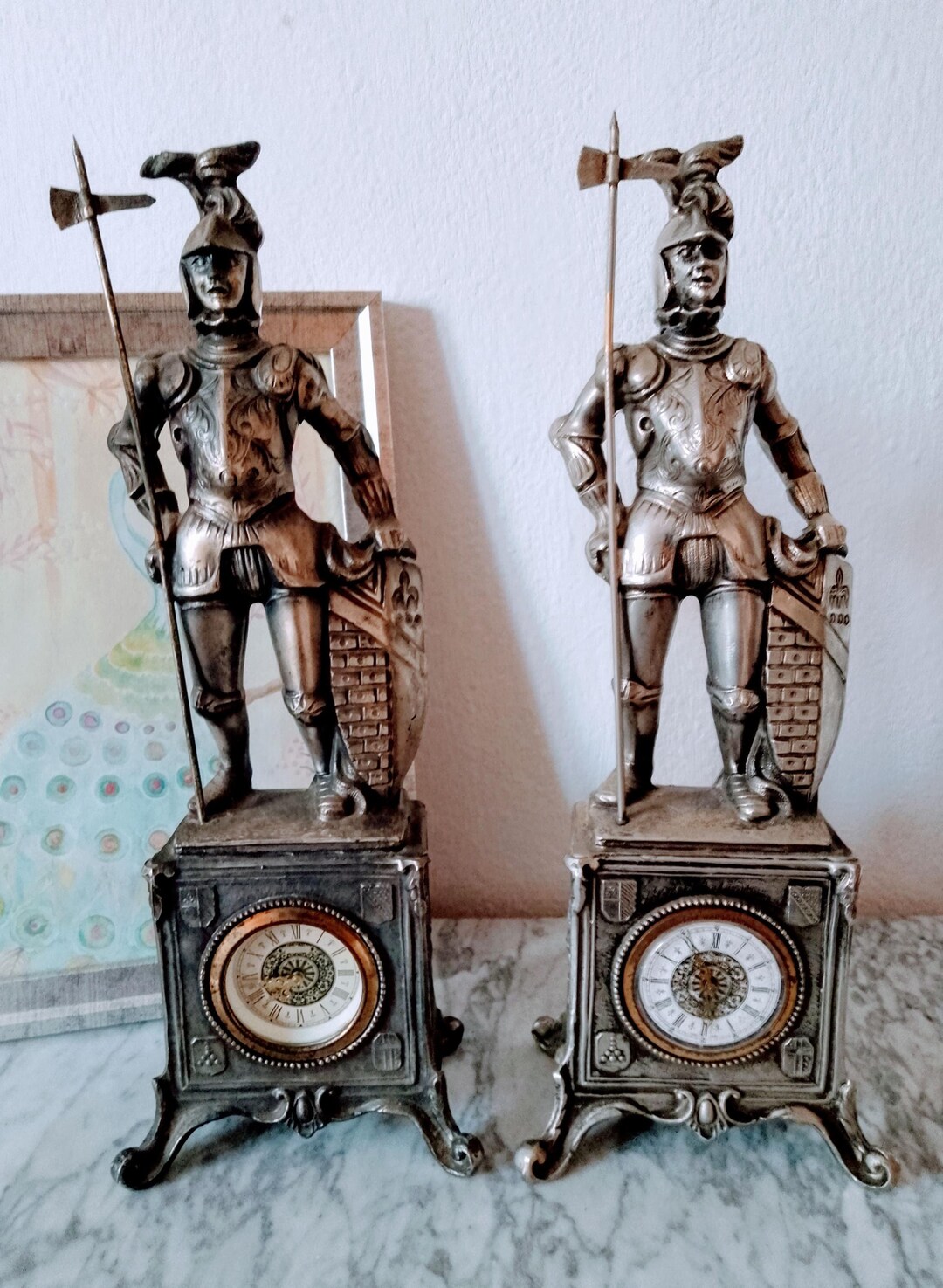 Two Rare Knight Clocks of Italian Make, Metal Clocks, a Set of Two ...