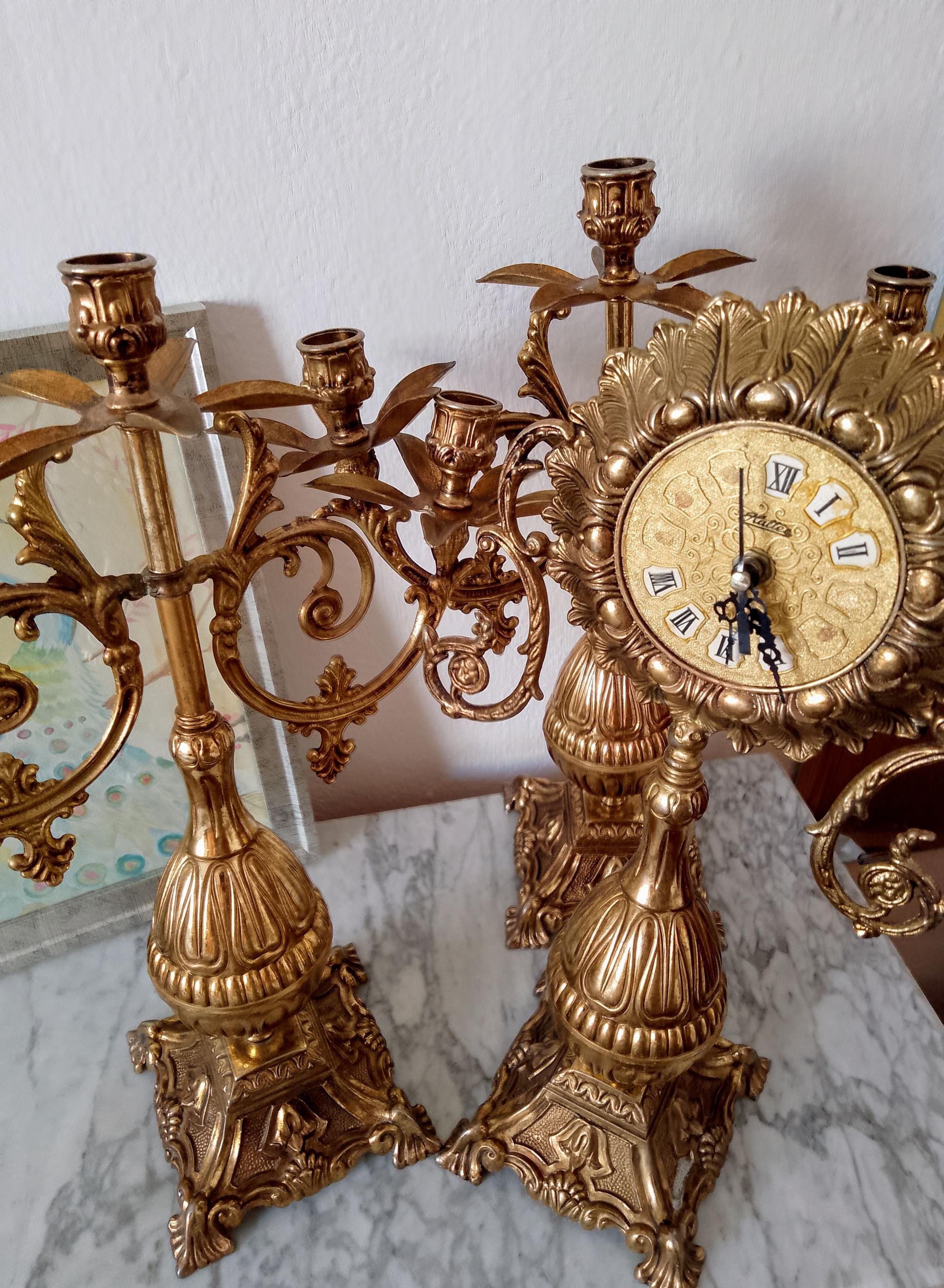 1950-60s Clock With Candelabras, West Germany Haller Make, Golden Set ...