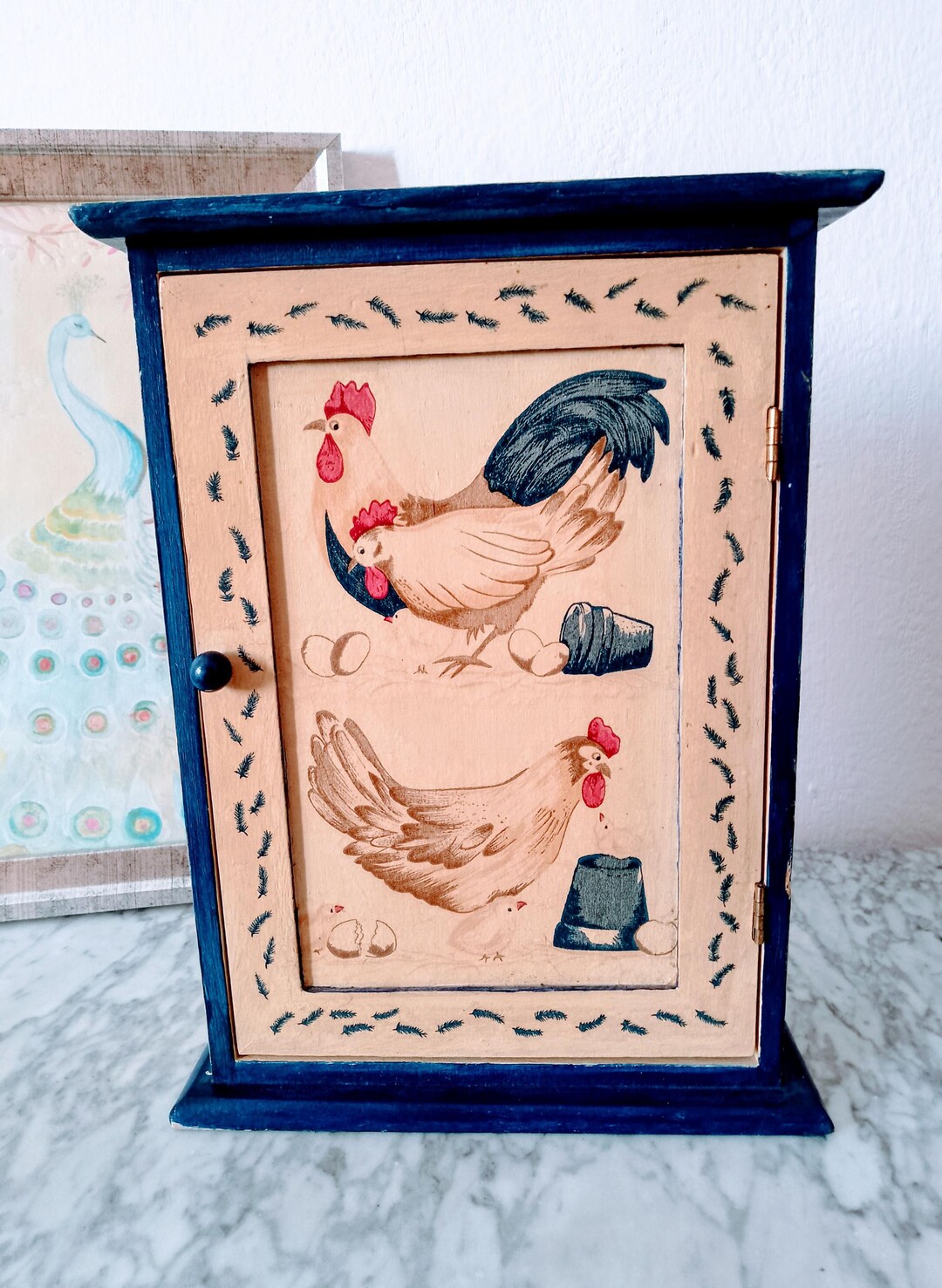 Vintage Key Cabinet With Birds / Chickens, Cream and Dark Blue, Hand ...