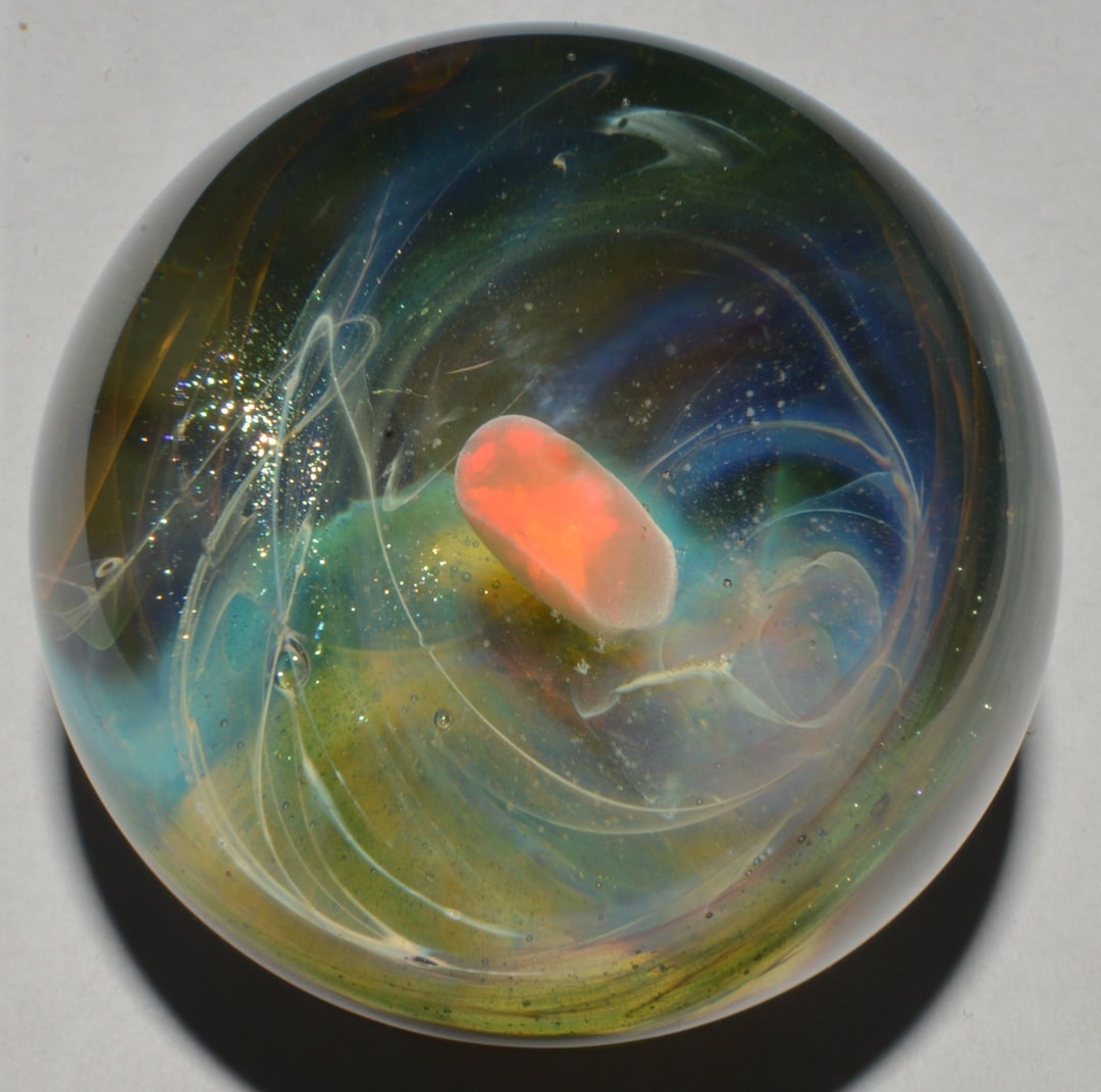 Glass Marble With Encased Orange Opal Over Blue Caramel Galaxy With ...