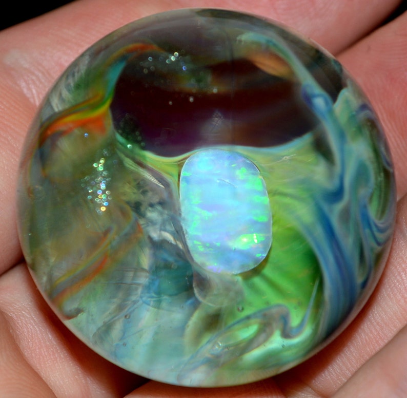 Encased Mint Opal Marble Sparkly Rainbow Galaxy Swirl - Handblown Glass ...