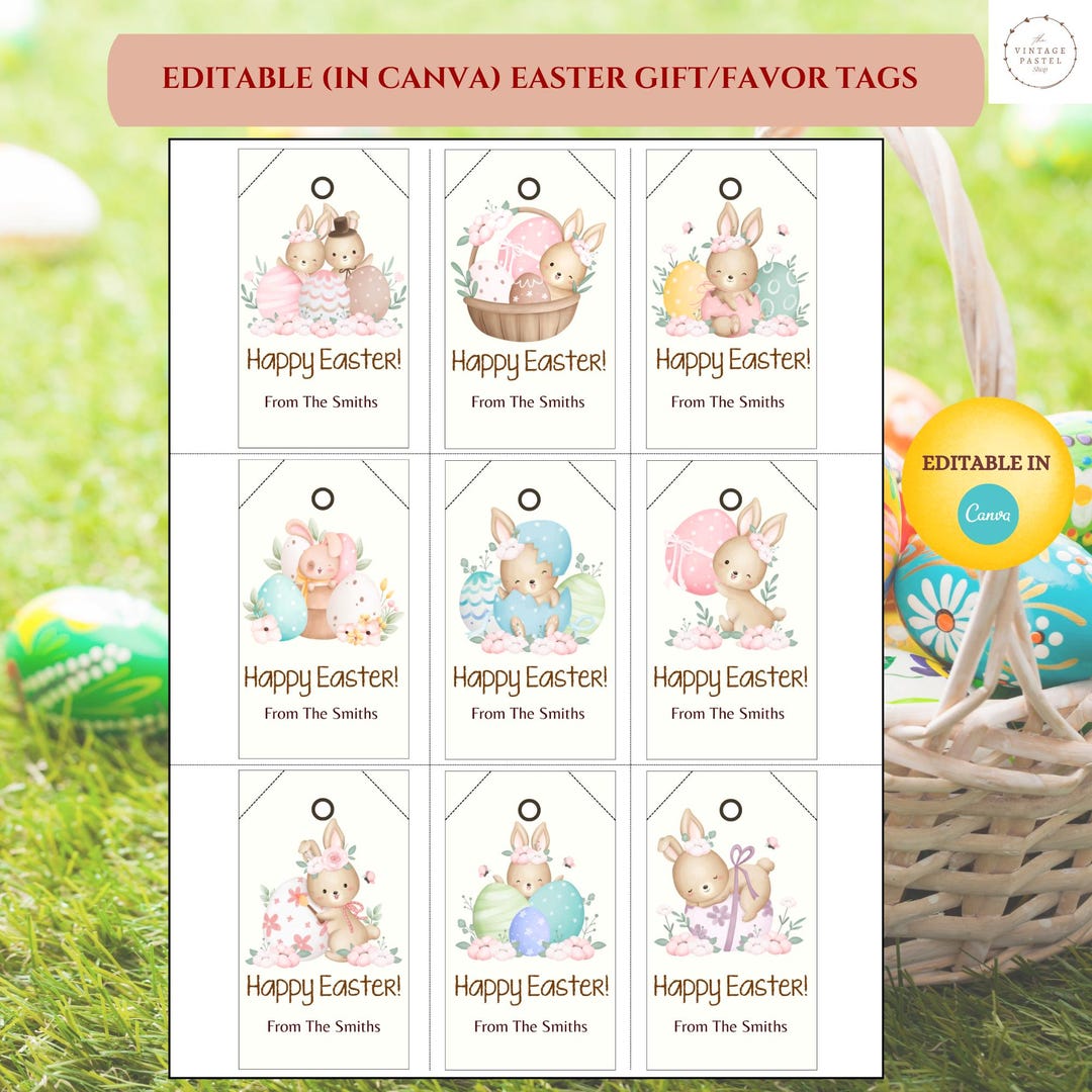 Editable Easter Bunny Gift Tags: Vintage Printable (canva) - Etsy