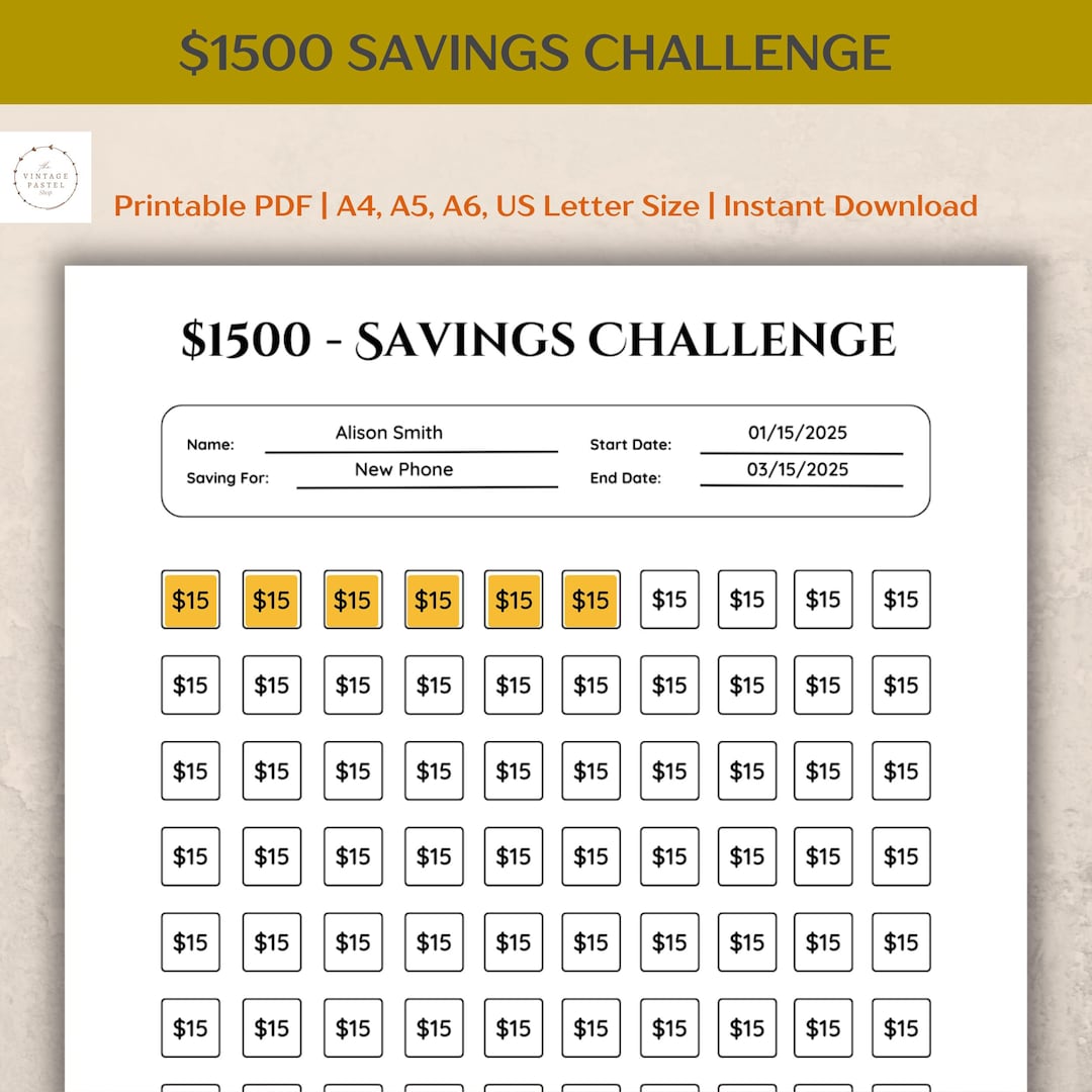 1500 Dollar Savings Challenge Printable, Money Tracker (letter, A4, A5 ...