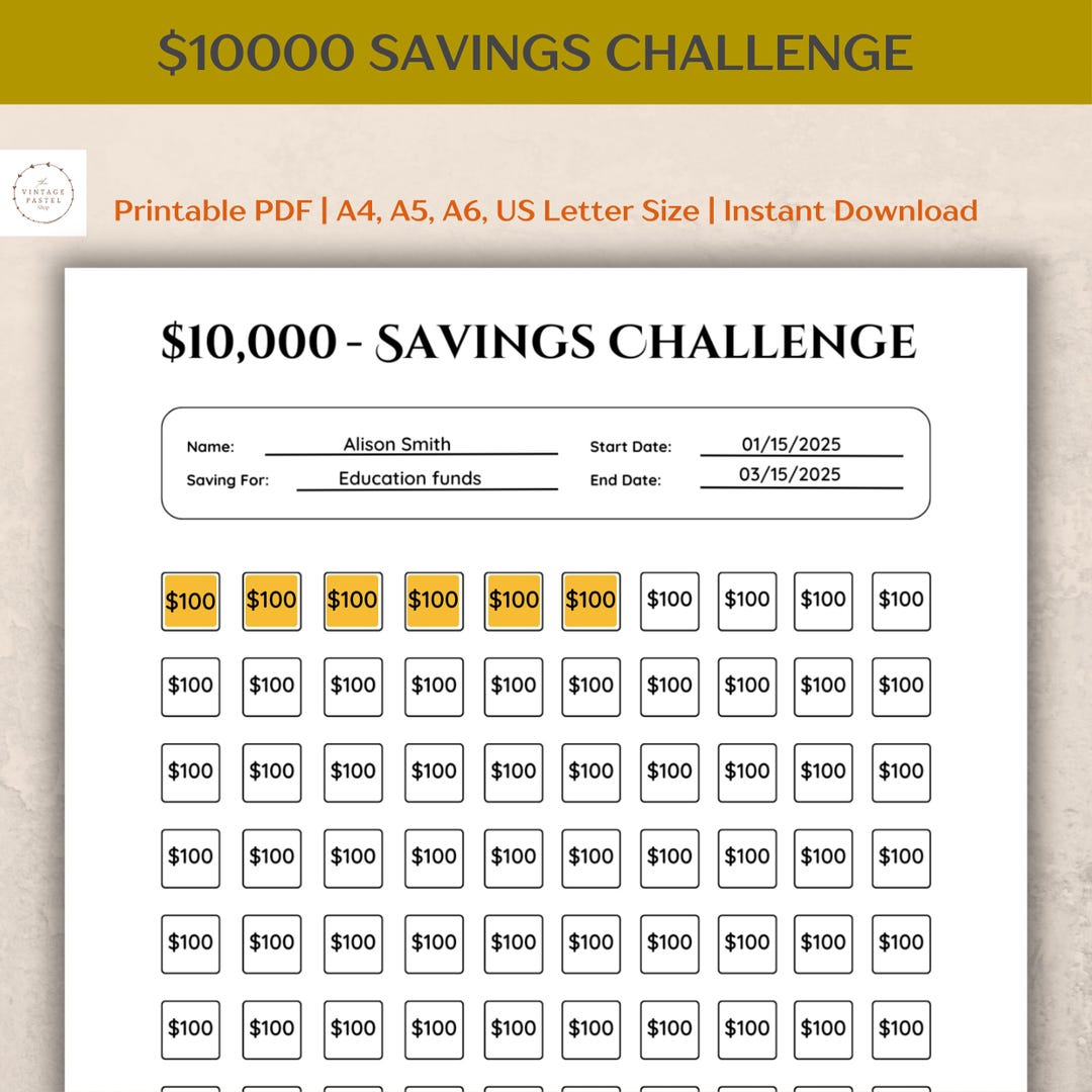 10000 Savings Challenge Printable Savings Tracker 10k Savings Challenge ...