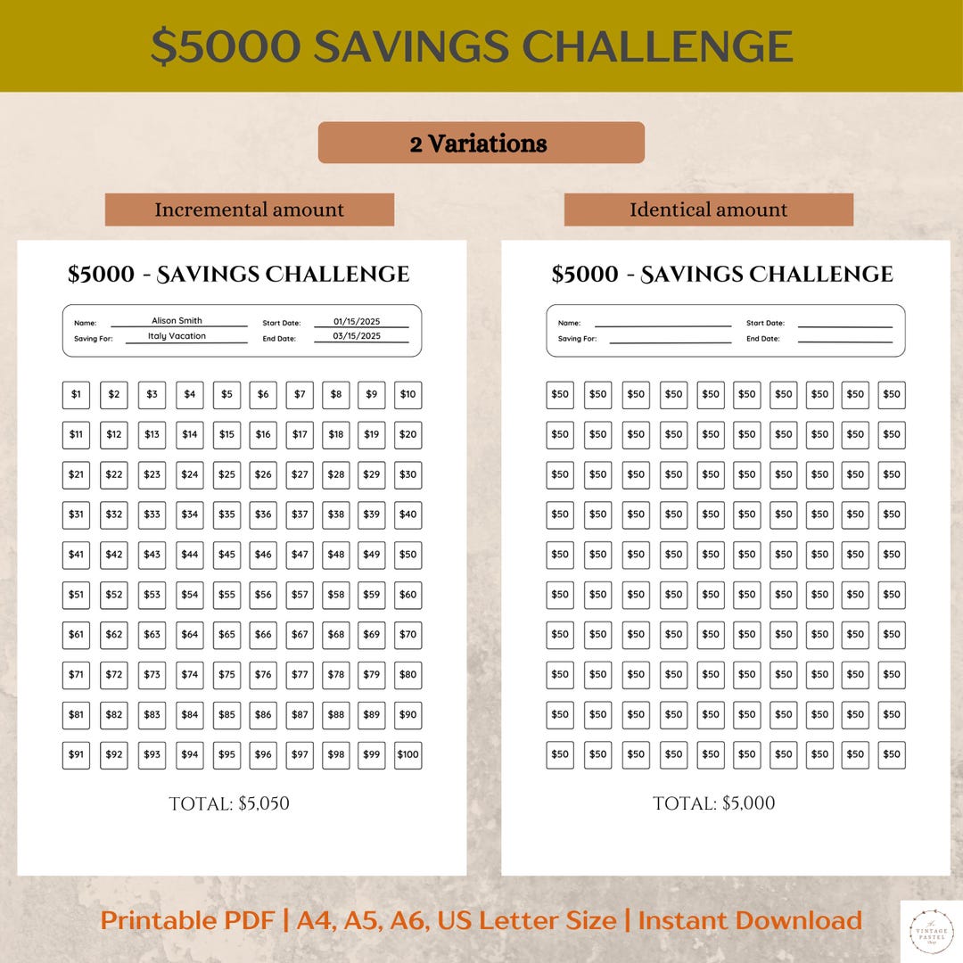 5000 Savings Challenge Printable Savings Tracker 5k Savings Challenge ...