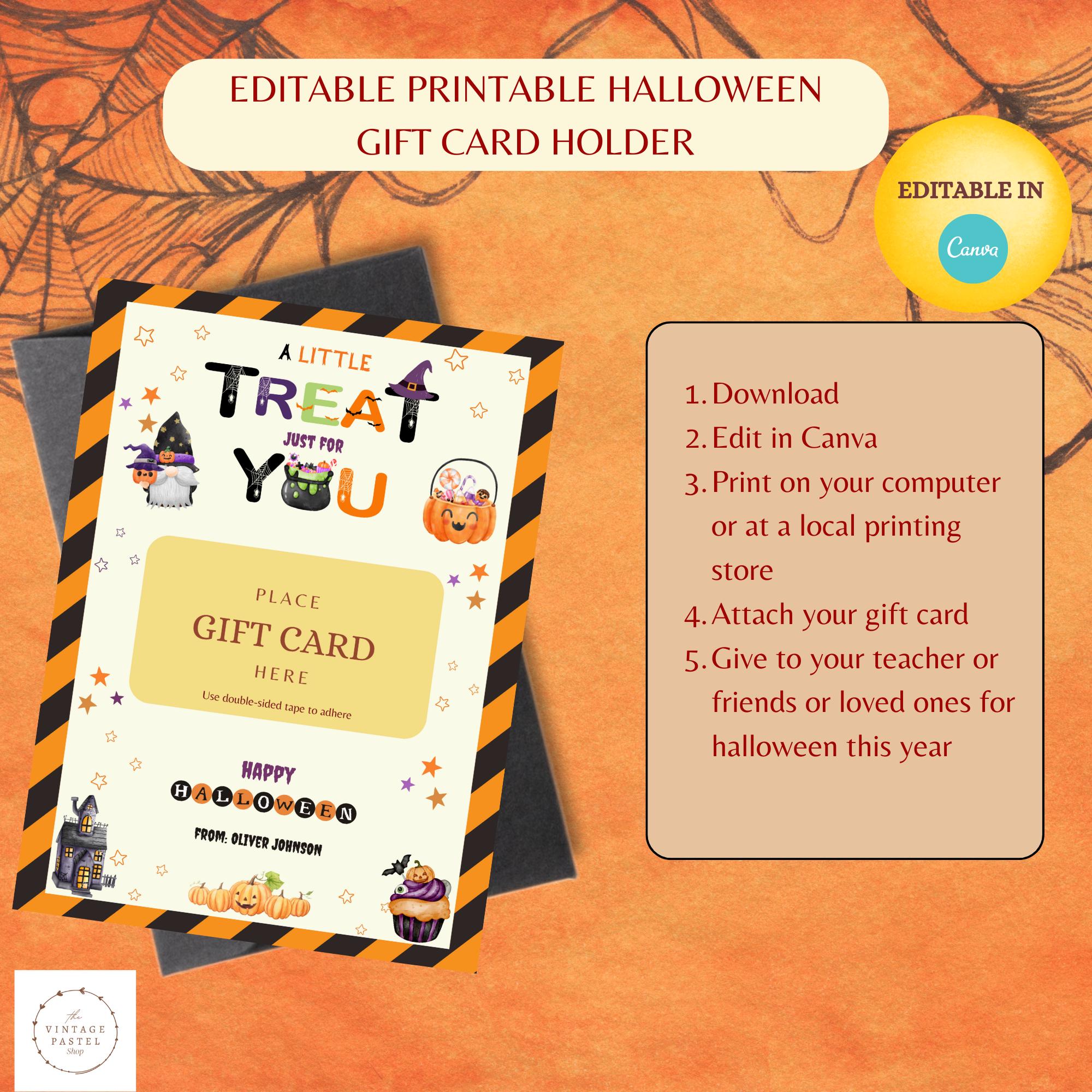 Editable Printable Halloween Gift Card Holder | Halloween Party Teacher ...