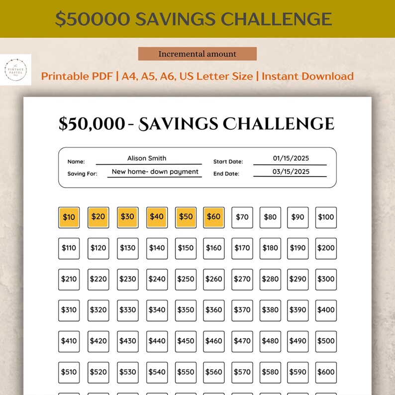 50,000 Dollar Savings Challenge Printable | Money Saving Goal (digital ...