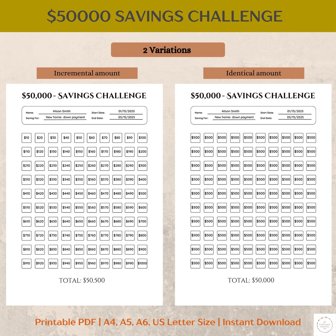 50,000 Dollar Savings Challenge Printable | Money Saving Goal (digital ...