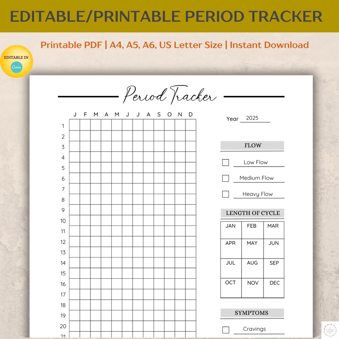 Editable Period Tracker A Year in Dots Period Tracker A4, A5, A6, US ...
