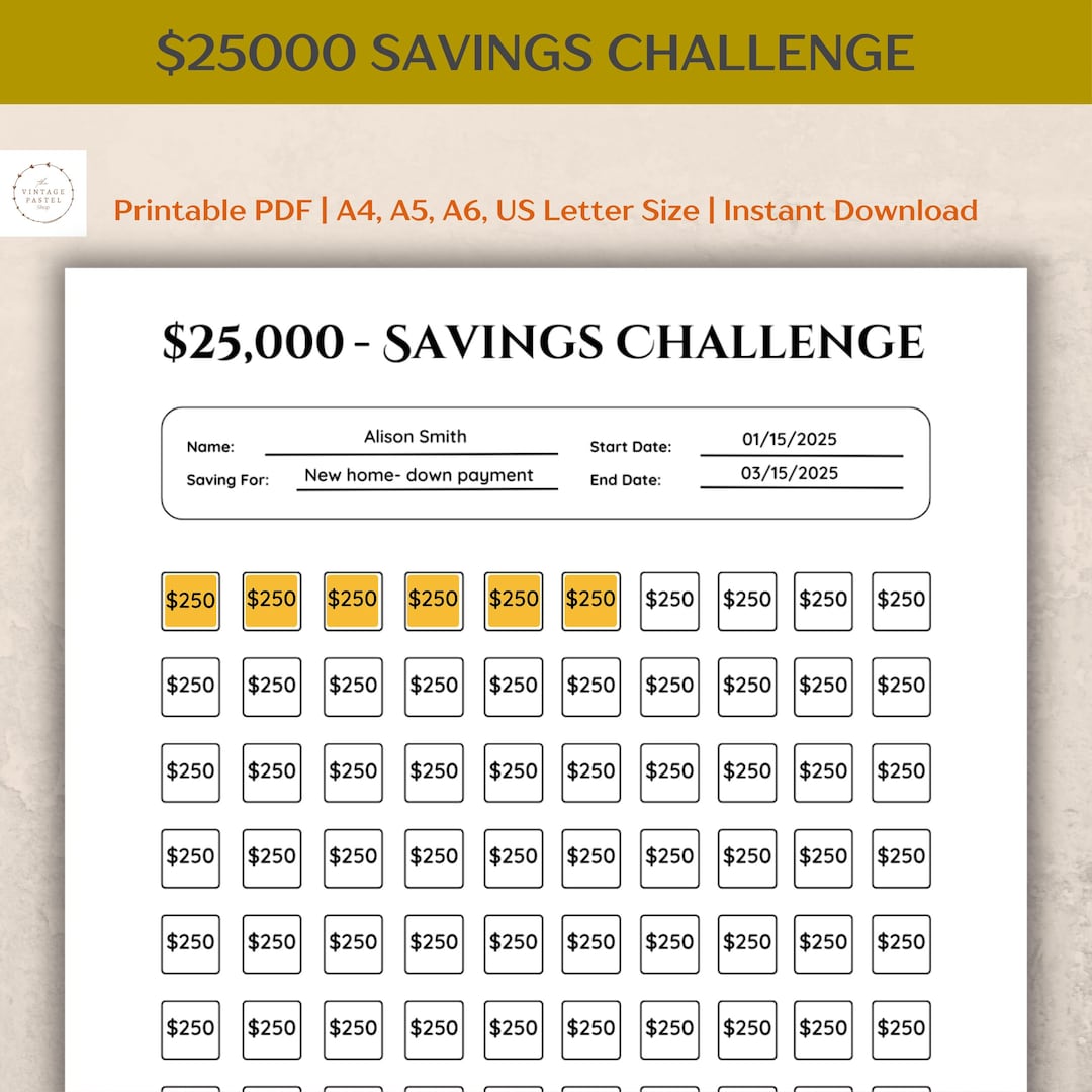 25000 Savings Challenge Printable Savings Tracker 25k Savings Challenge ...