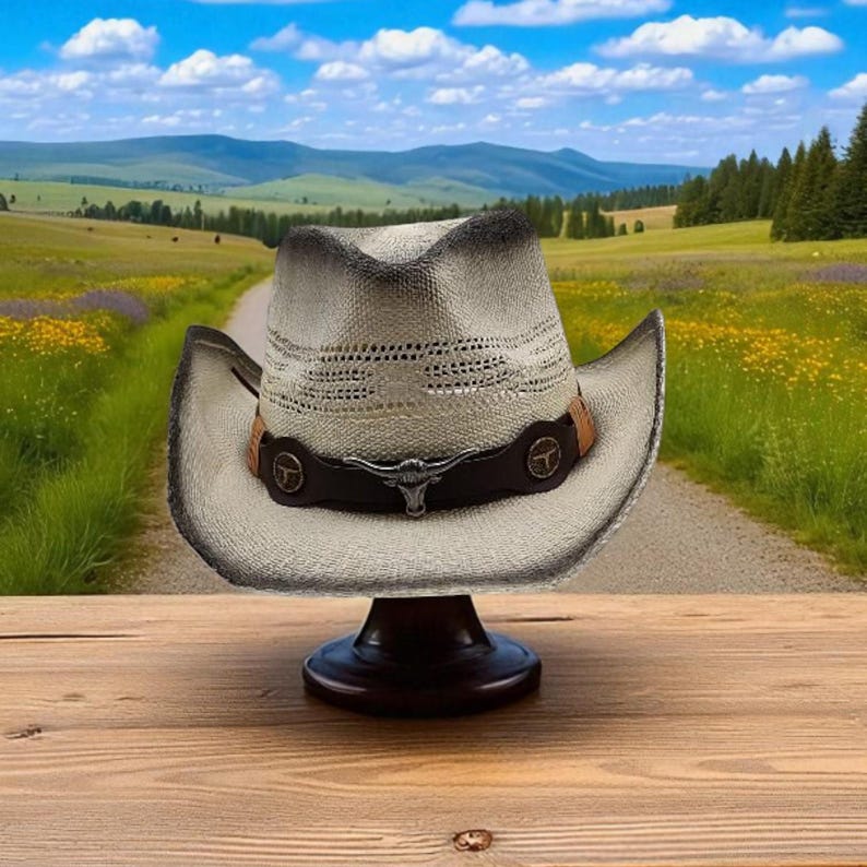 Vintage Straw Cowboy Hat: Western Bull Head Emblem, 23.2" - Etsy