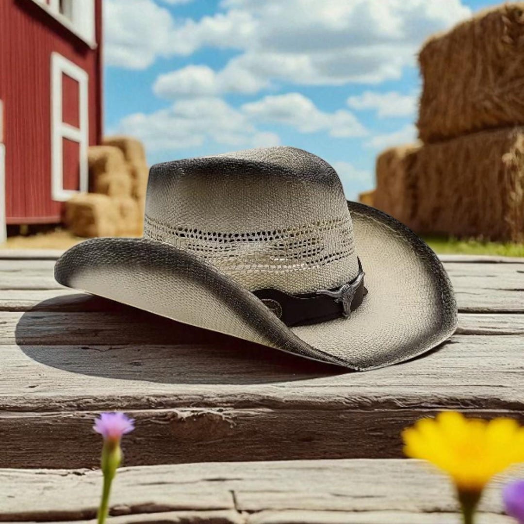 Vintage Straw Cowboy Hat: Western Bull Head Emblem, 23.2" - Etsy