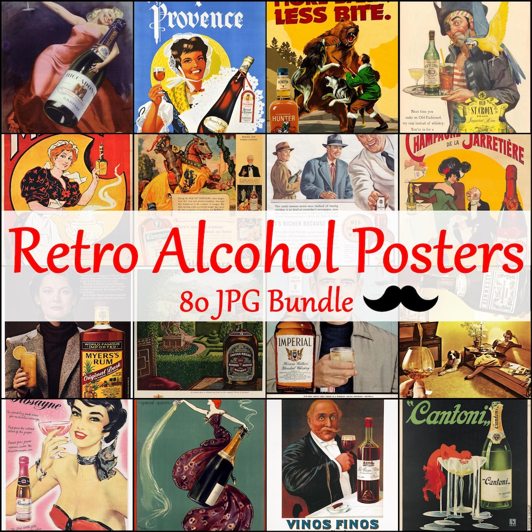 Vintage Alcohol Posters for Couple's Night Bar Wall Art Retro Decor Set ...