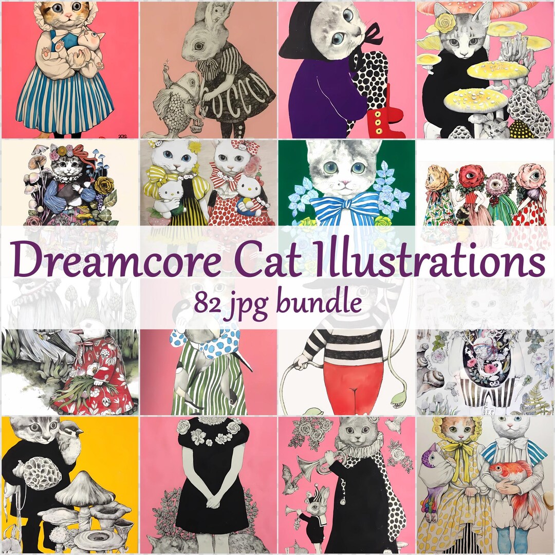 Pinkcore Cat Illustration Bundle: Girly DIY Art Prints (digital ...