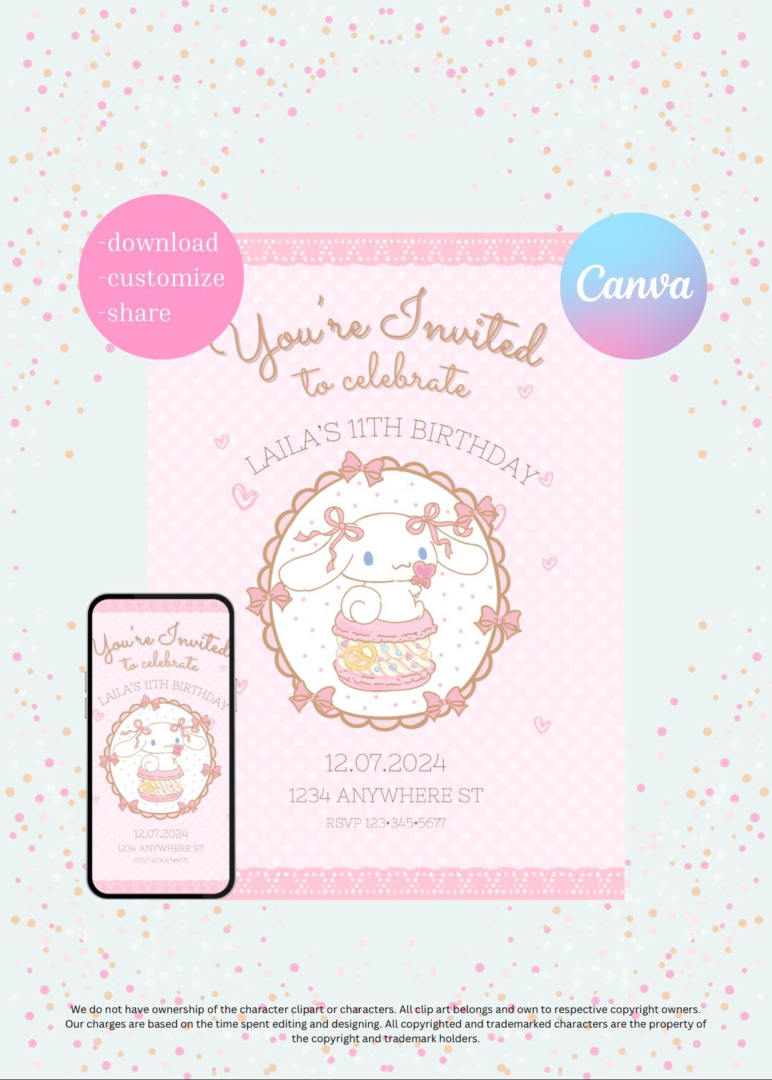 Digital Editable Kawaii Cinnamon Invitation Template, Digital Editable ...