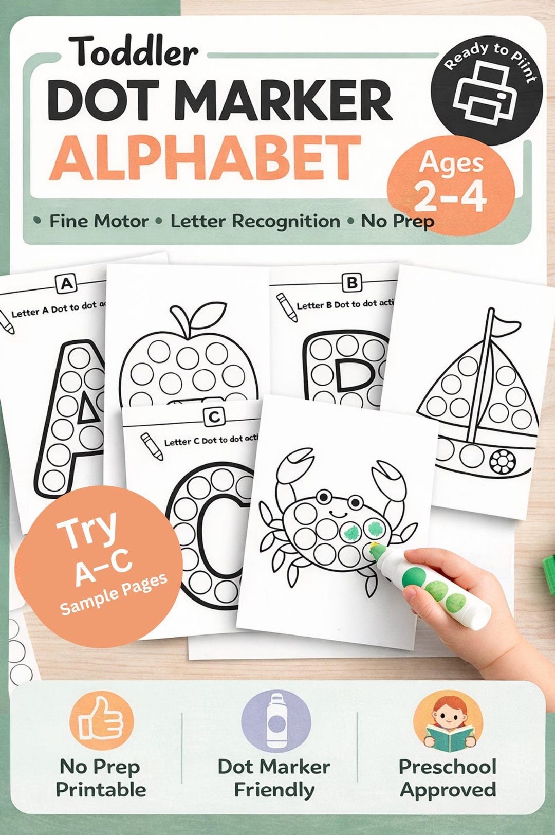 Dot Marker Alphabet Worksheets A-C – Preschool Learning (printable PDF ...