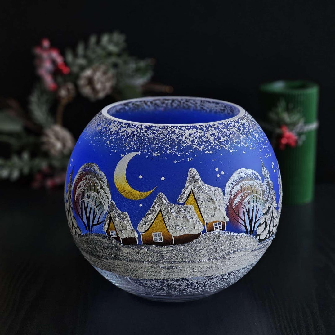 Christmas Decoration Hand-painted Glass Candle Holder Vase, Blue Winter ...