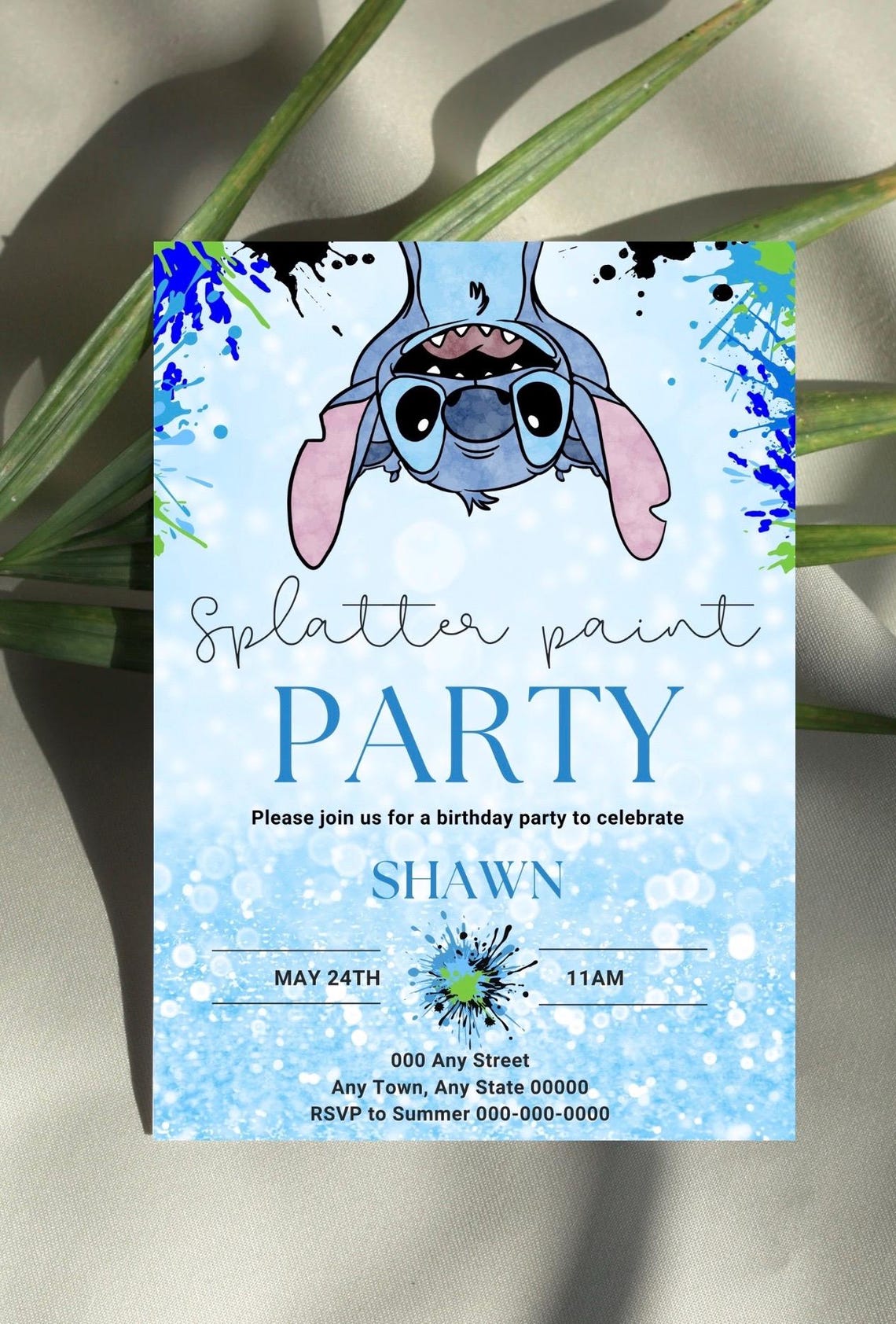Editable Stitch Splatter Paint Party Birthday Invitation, Lilo & Stitch ...