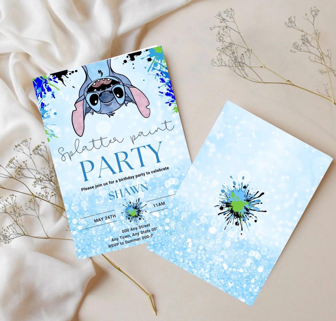 Editable Stitch Splatter Paint Party Birthday Invitation, Lilo & Stitch ...
