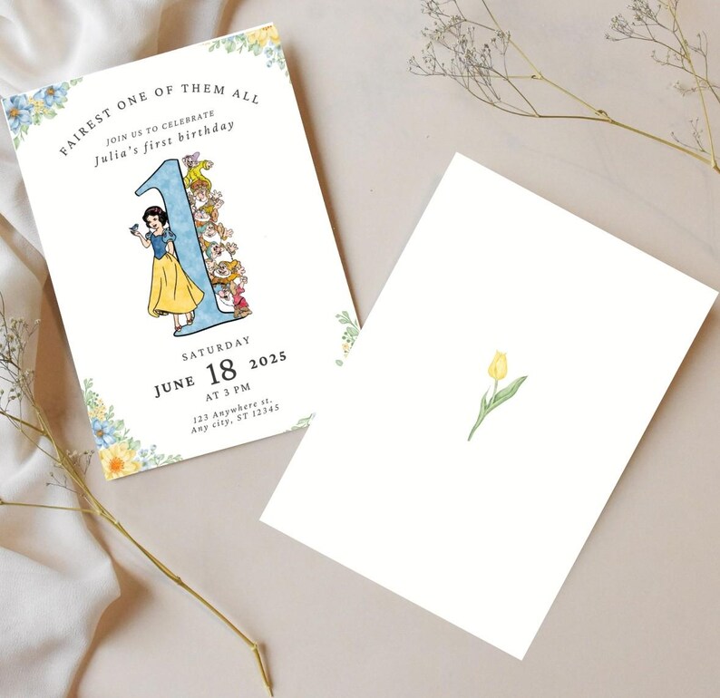 Editable Snow White 1st Birthday Invitation, Snow White Canva Template ...