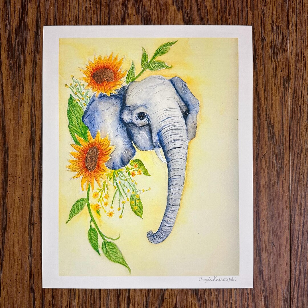 Elephant and Sunflowers Watercolor Art Print, Home Decor, Nursery Decor ...