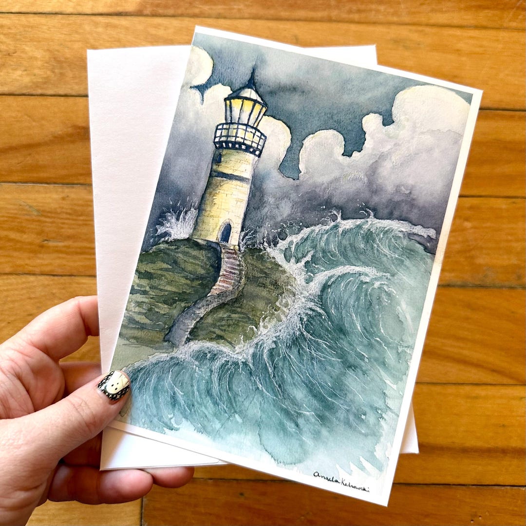 Lighthouse in a Tempest Greeting Card From Original Watercolor Painting ...