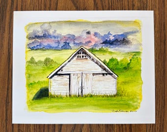 White Barn Landscape Print, 8x10 or 11x14 or 16x20 Watercolor Art ...