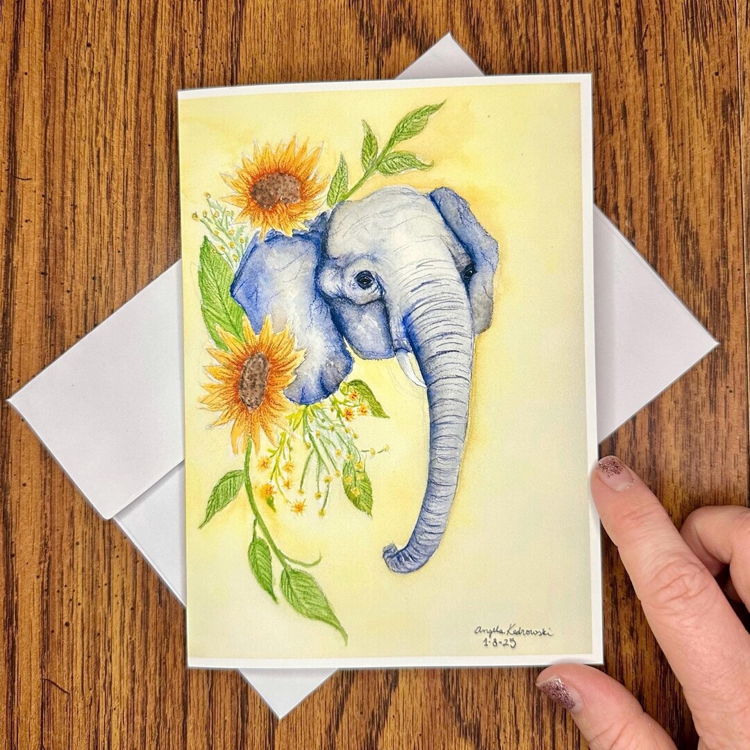 Elephant and Sunflowers Greeting Card Printed From Original Watercolor ...
