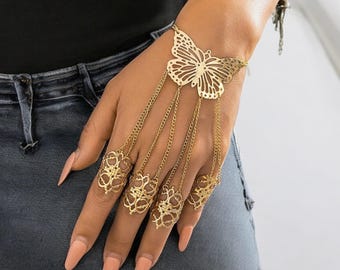 Punk Open Hollow Finger Ring Link Chain Butterfly Bracelet Gold Cuban Chain Hand Jewelry for Women