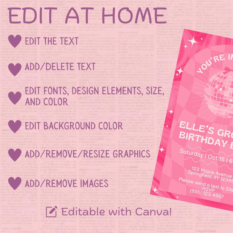 Groovy Pastel Pink Birthday Invitation With Disco Ball | 4x6 Card ...