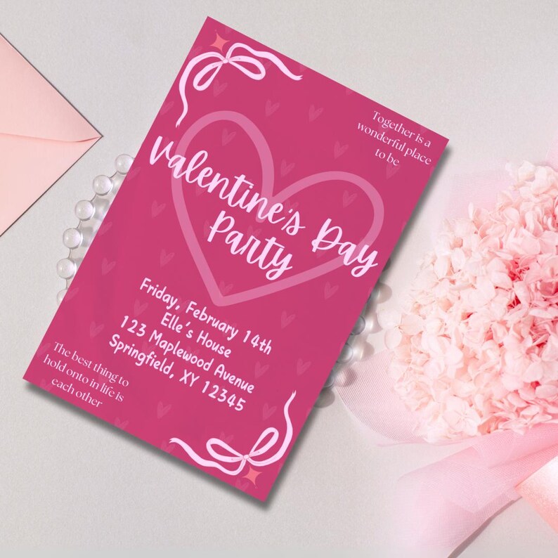 Pink Valentine's Day Invitation | Hearts & Bows | 5x7 Card ...