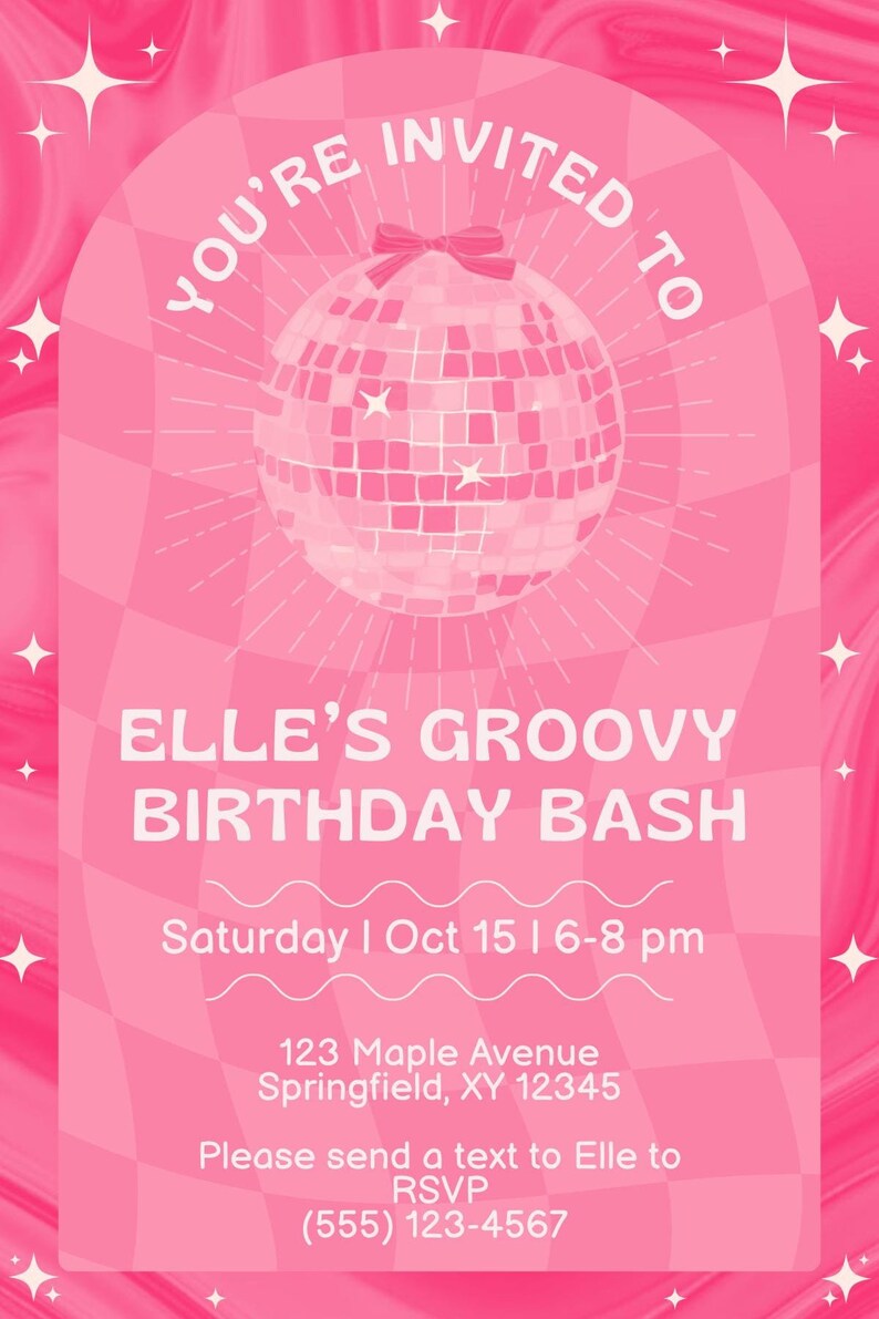 Groovy Pastel Pink Birthday Invitation With Disco Ball | 4x6 Card ...