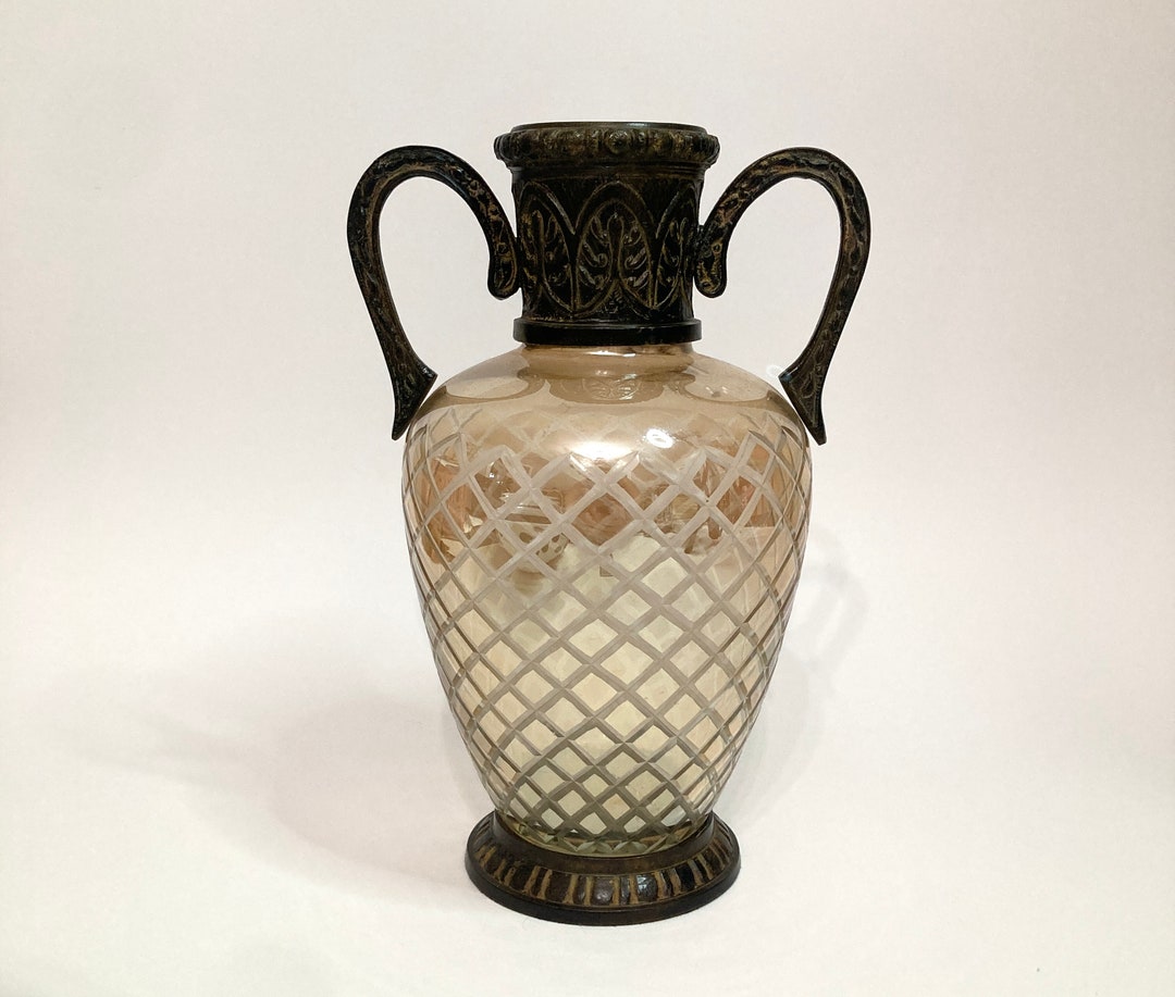 Vintage Bombay Company Cut Glass With Metal Fittings Twin Handled Vase ...