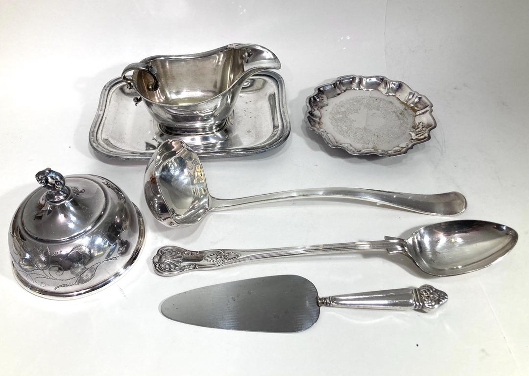 Vintage Silver Plate Serving 7 Piece Lot Gravy Boat, Tray, Large Spoon ...