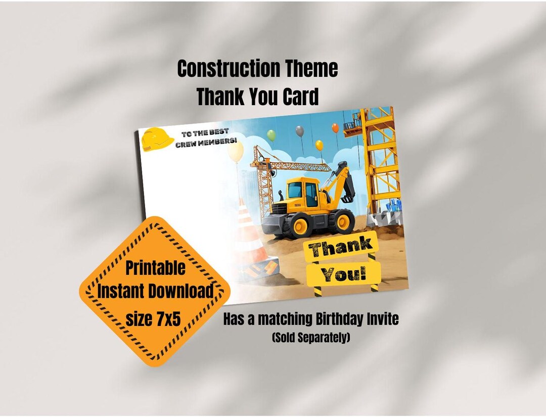 Construction Theme Thank You Card, Printable, Instant Digital Download ...