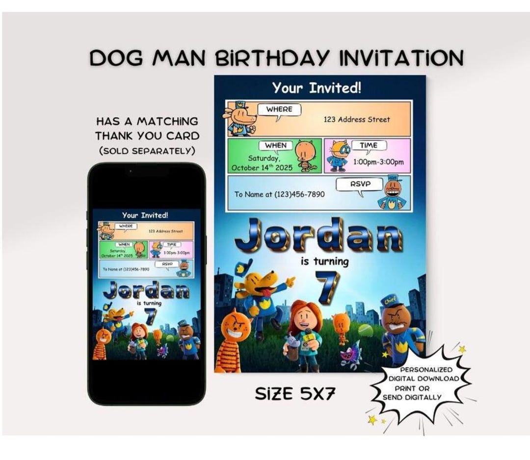 Dog Man Birthday Invitation, Personalized Dog Man Invitation, Digital ...