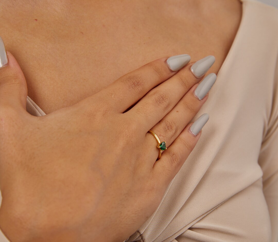 14K Solid Gold Stone Heart Ring, Handmade Stone Jewelry, Minimalist Heart Ring, Gold Heart ...