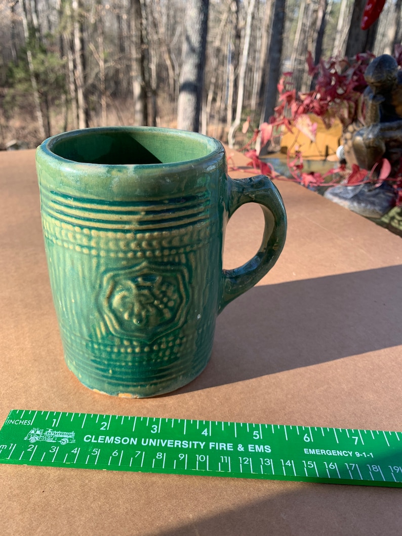 Green Pottery Pitcher Yellow Ware Mug Cup. FREE Shipping - Etsy