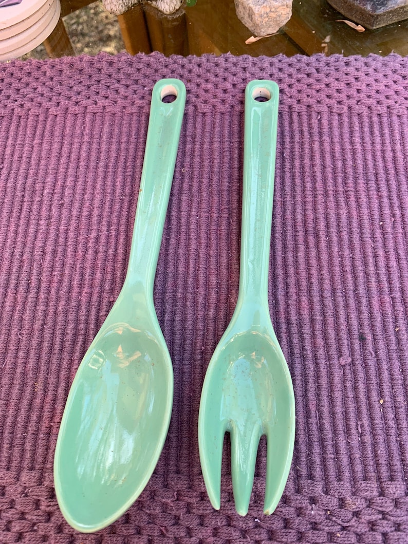 Green Ceramic Spoon and Fork Eames Style Salad Set - Etsy