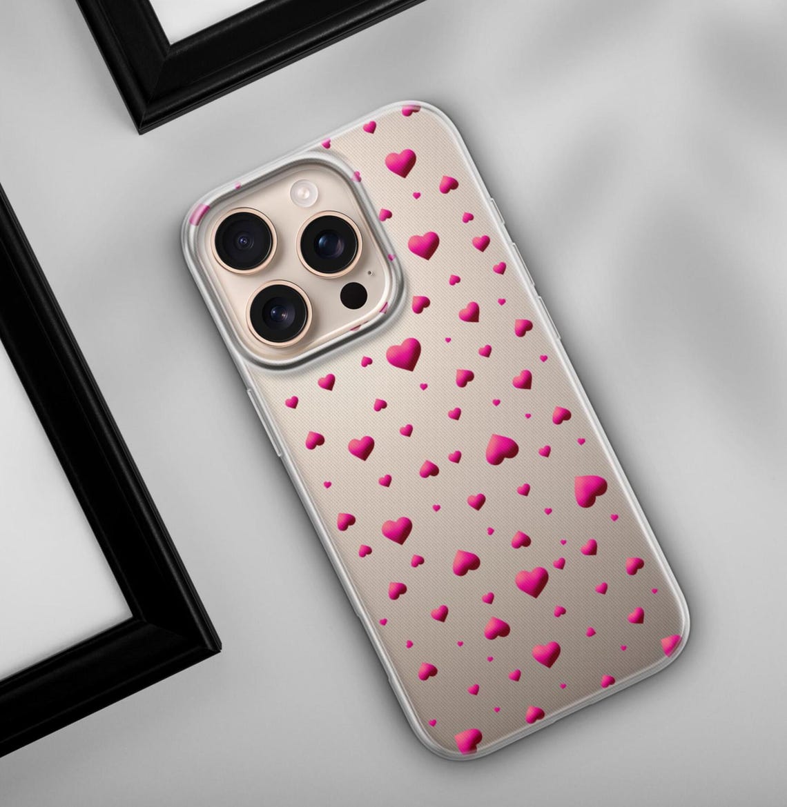 Transparent Pinky Hearts Case Puffy Pink Hearts Cover for iPhone 16 Pro ...
