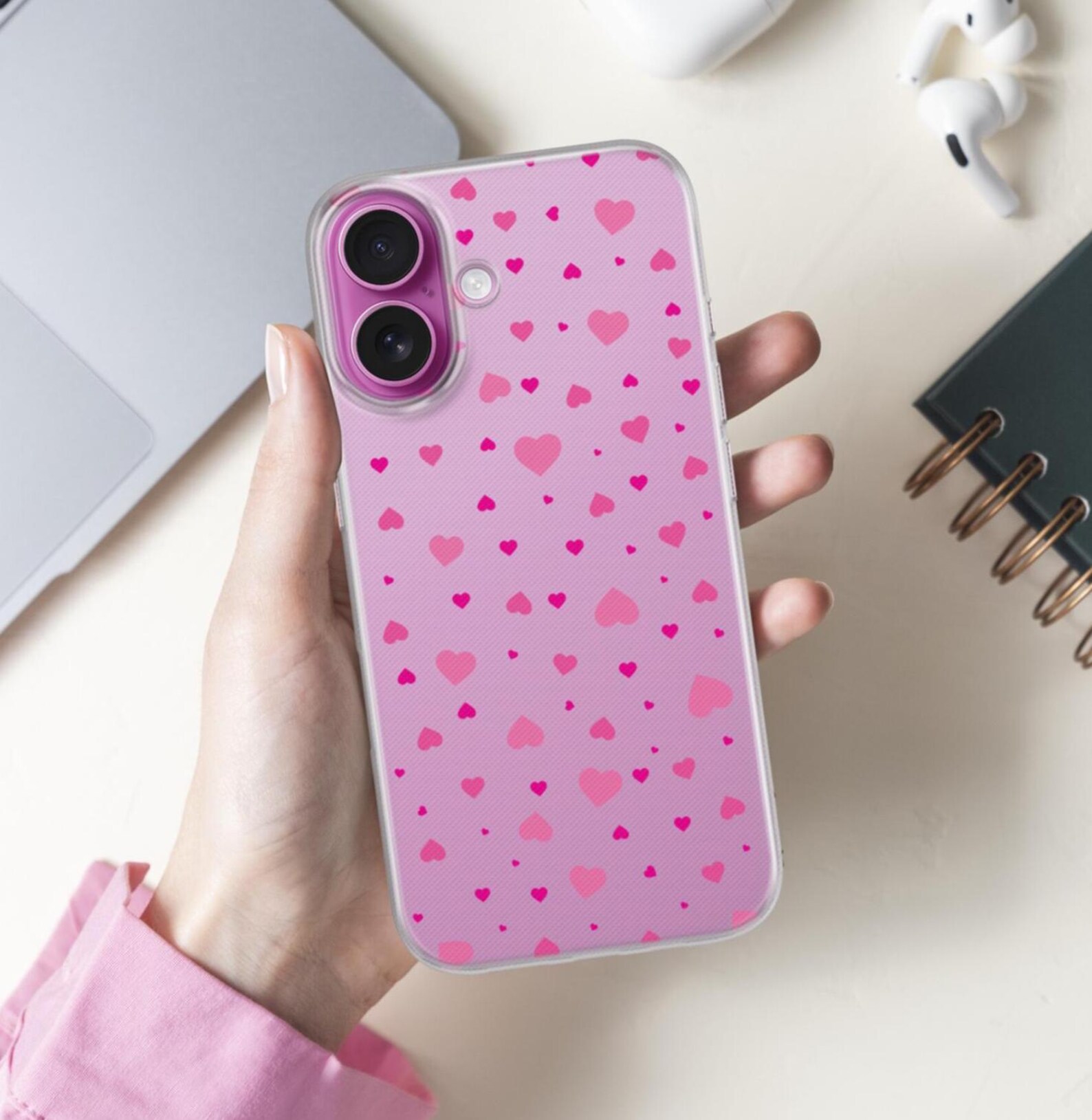 Transparent Pinky Hearts Case Puffy Pink Hearts Cover for iPhone 16 Pro ...