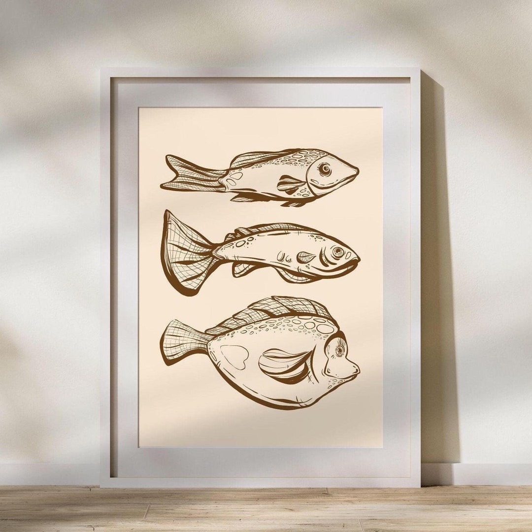 Minimalist Beige Retro Fish Wall Art Printable, Hand-drawn Animal ...