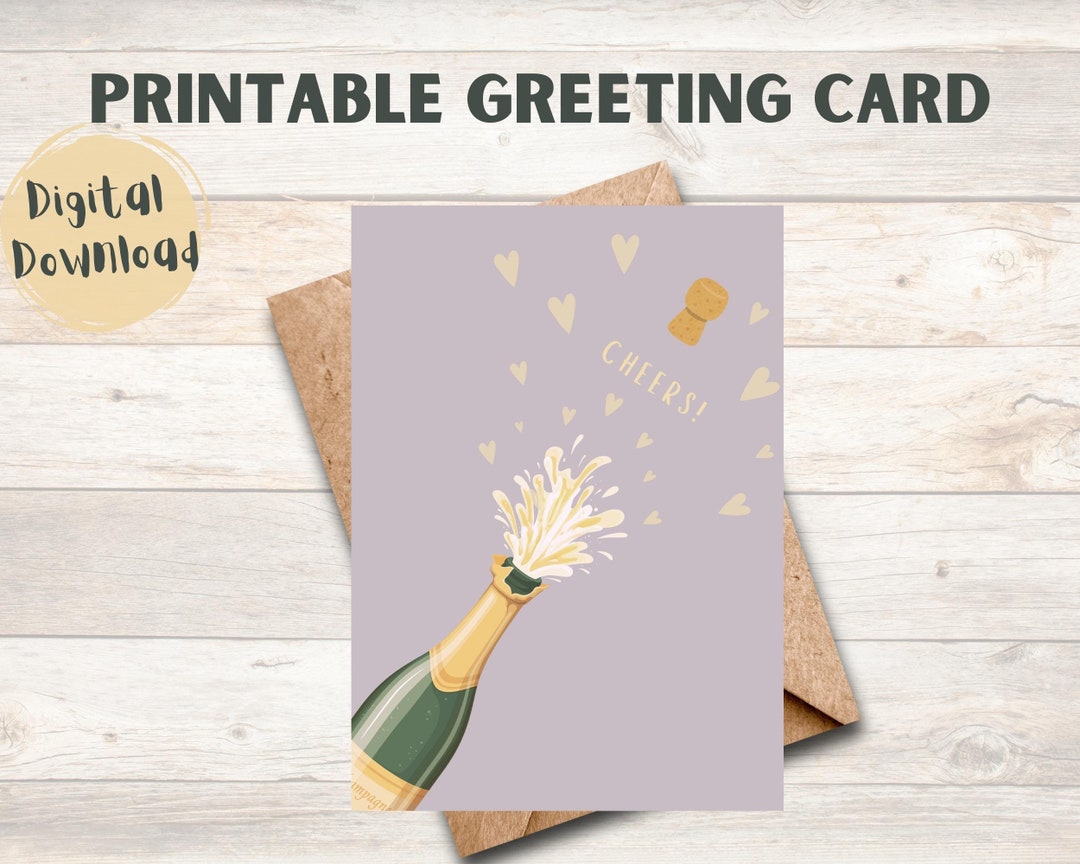 Printable Cheers Champagne Card Cheers/heart/champagne Greeting Card ...